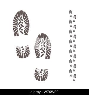 Footstep black silhouette, bootprint isolated on white background. Grunge track, symbol cartoon ...