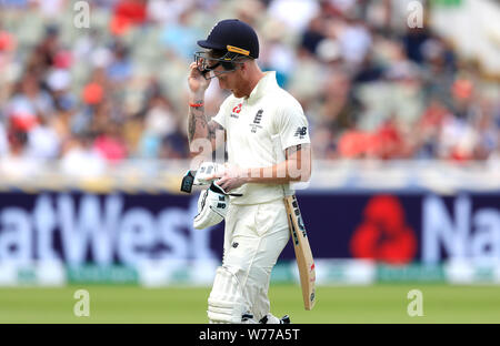 England's Ben Stokes reacts after a missed catch on day three of the ...