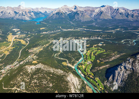 Aerial view of Banff town and Banff Springs Hotel with Bow river, Banff ...