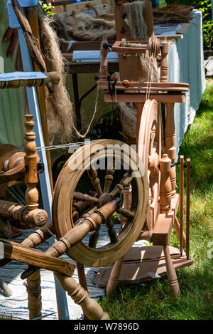 Linen, flax fiber, European flax wheel used to spin flax into linen ...