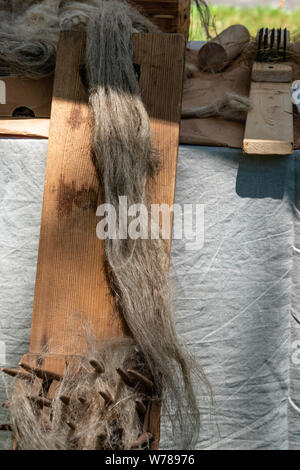 Linen, flax fiber, European flax wheel used to spin flax into linen ...