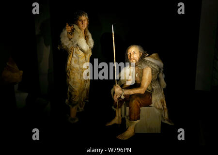 View of sculptures of Cro-Magnon made by French artist Elisabeth Daynes ...