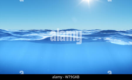 Realistic ocean underwater view, in the sunshine. Cloudy blue sky above ...