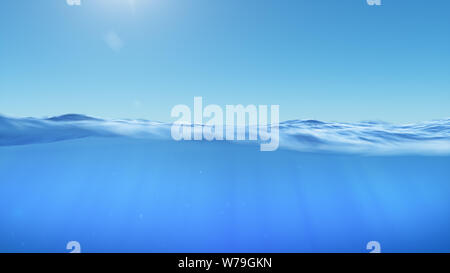 Realistic ocean underwater view, in the sunshine. Cloudy blue sky above ...