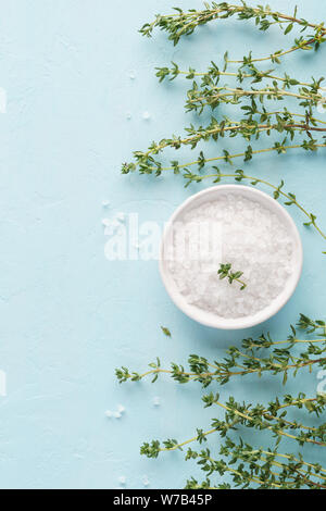 Fresh herbs and spices on blue turquoise background. - garlic, laurel ...