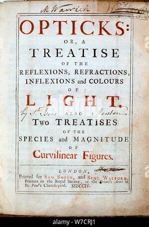 Isaac Newton, "Opticks". Title page of the first edition, published in ...