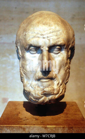Marble bust of ancient Greek physician Hippocrates (460-370 BC). Roman ...