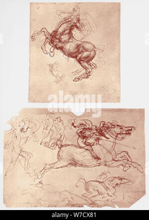 Leonardo da Vinci. Study of rearing horse and rider trampling a fallen ...