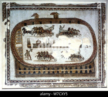 Roman mosaic. Chariot racing in circus. 4th cent. From old Royal Palace. Ancient Barcino ...