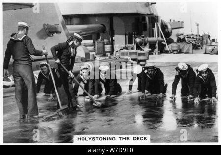 Scrubbing the deck on board HMS 'Nelson', 1937. Artist: Unknown Stock ...