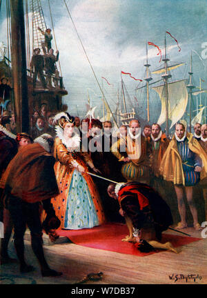 Queen Elizabeth knighting Sir Francis Drake on board the Golden Hind at ...