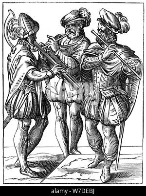 Jester playing the flute. 16th century. Engraving. Colored Stock Photo ...