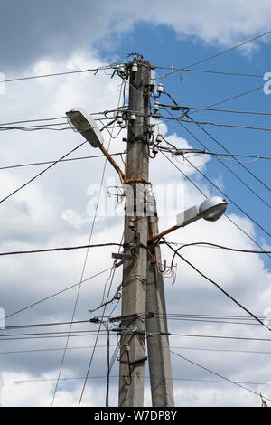 Old electric street post with lots of wires. electric wires against the ...