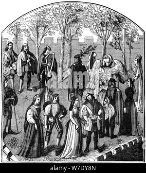 Lady - French costume of the 15th century, showing a rolled hat with ...