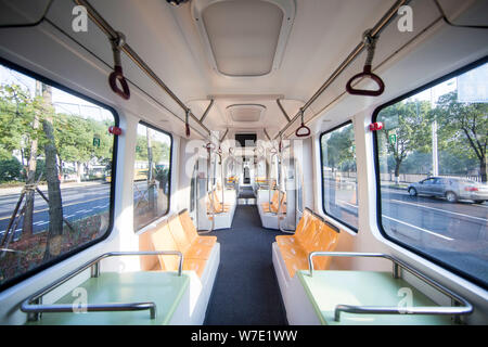 Inside view of a railless train, developed by the CRRC Zhuzhou ...