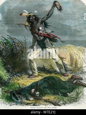 19th Century Native American scalping an enemy. 1885 illustration of a ...