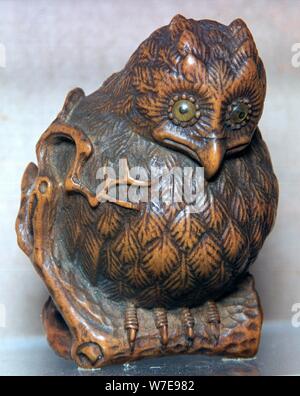 Netsuke of Owl, 19th century, Japan, Wood, H. 1 1/2 in. (3.8 cm); W. 1 ...