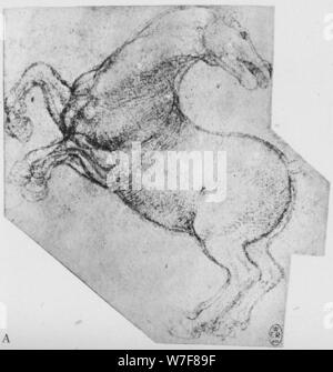 Leonardo da Vinci. Study of rearing horse and rider trampling a fallen ...