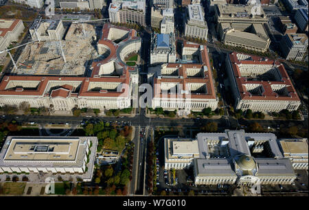 Aerial of government buildings with focus on city hall and view of San ...