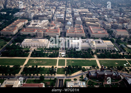Aerial of government buildings with focus on city hall and view of San ...