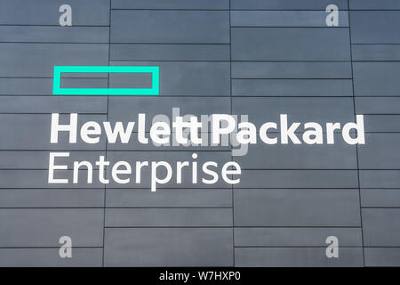 The HP logo a sign at the entrance to Hewlett Packard Stock Photo - Alamy