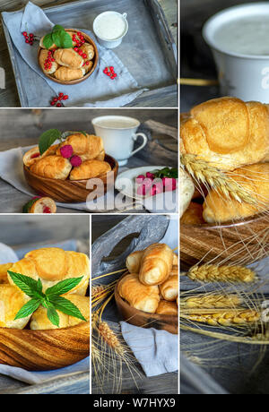 Collage of tasty fresh croissants on white background. French pastry ...
