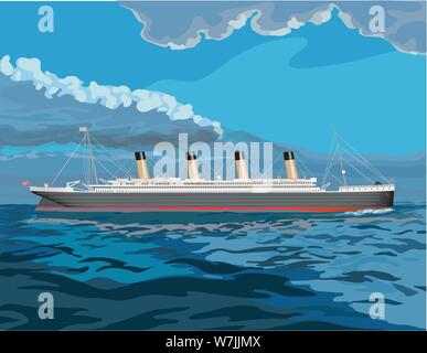 Titanic, vintage steam ship illustration with black smoke pouring out ...