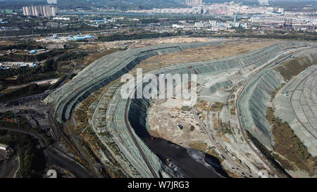 Aerial view of the Fushun West Open Coal Mine, the largest open coal ...