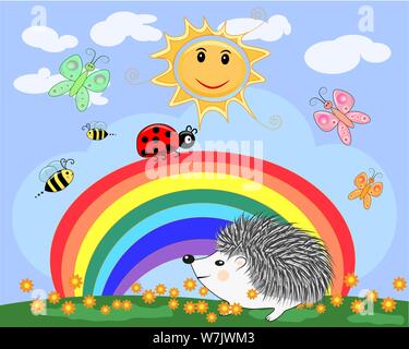 Lovely cartoon hedgehog near the seven-colored rainbow in a clear ...