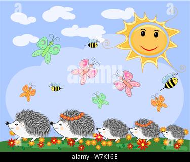 A family of five cute cartoon hedgehogs near a seven-colored rainbow on ...