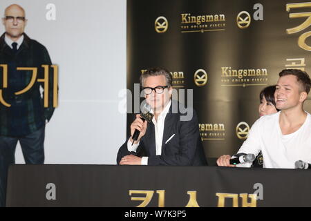 British actors Colin Firth, left, and Taron Egerton attend a press ...