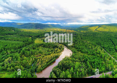 A bird's eye view shows scenery of Greater Khingan Range, also known as ...