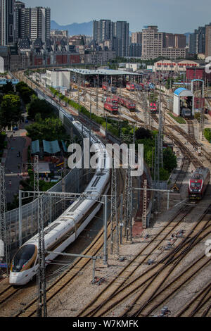 The Blue Dolphin, front, and the Golden Phoenix trainsets of "Fuxing ...