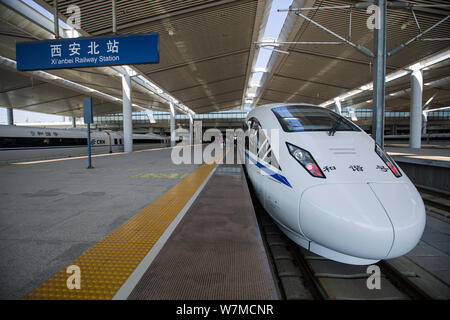 CRH5G (China Railway High-speed) bullet trains are pictured at the ...