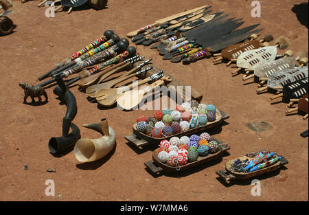 Collection of different Zulu items for sale as souvenirs at Shakaland ...