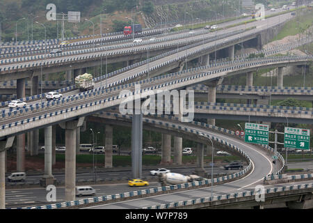Aerial view of the five-story structure Huangjuewan Flyover in ...