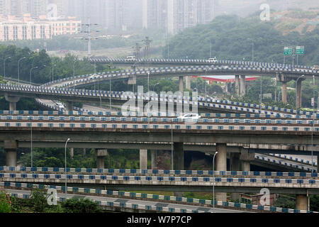 Aerial view of the five-story structure Huangjuewan Flyover in ...