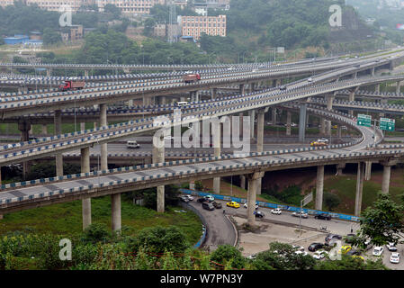Aerial view of the five-story structure Huangjuewan Flyover in ...