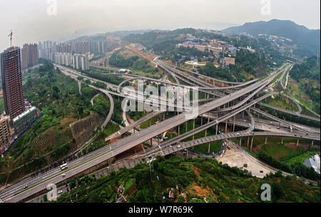 Aerial view of the five-story structure Huangjuewan Flyover in ...
