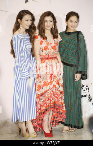 (From left) Hebe, Selina, and Ella of Taiwanese girls group S.H.E attend a party of World Gym in ...