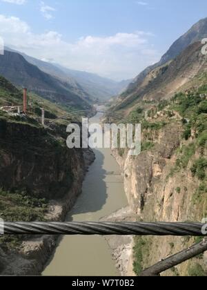 An aerial view of a bridge on the Jinsha River in Lijiang, Yunnan ...