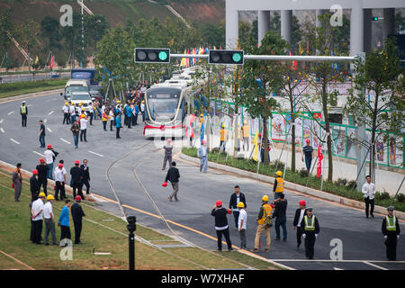 A tram travels on the city's first tramline during a test run in ...