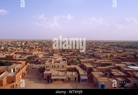 Aerial view of Agadez Niger Africa Tower at center left is mosque town ...