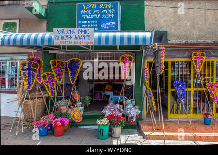 Addis Ababa Ethiopia Africa shops along road in downtown with stalls ...