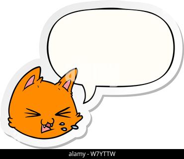 spitting cartoon cat face with speech bubble in retro texture style ...