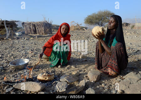 Afar tribe woman baking bread with a hot stone, Malab-Dei village ...
