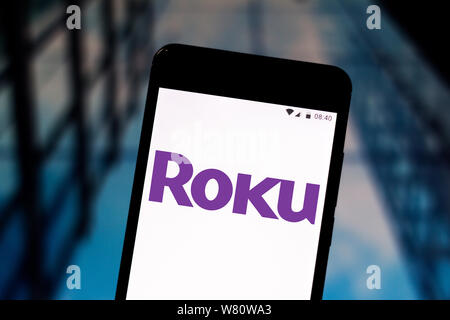 In this photo illustration, the Roku logo seen displayed on a ...