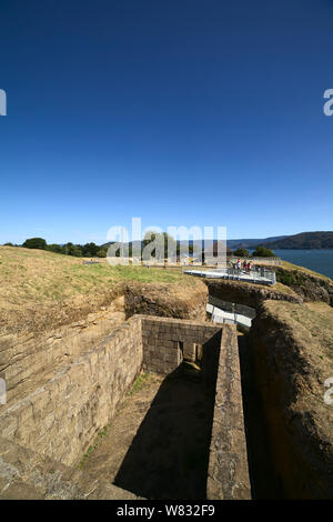 NIEBLA, CHILE - FEBRUARY 2, 2016: Stone wall of the fort of Niebla ...
