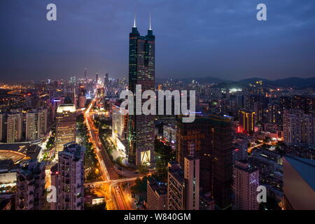 Night view of the Shun Hing Square Building, tallest, also known as ...