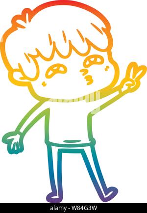 rainbow gradient line drawing of a curious bunny cartoon with present ...